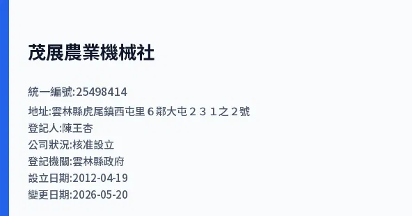 茂展農業機械社的照片-統編 25498414(雲林縣) 公司登記資料與營業項目詳細圖表