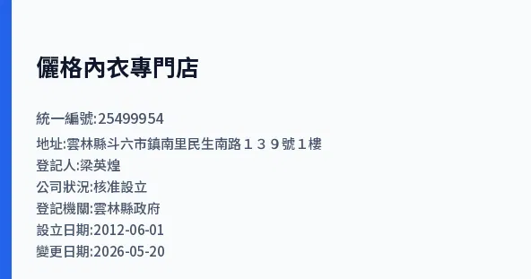 儷格內衣專門店的照片-統編 25499954(雲林縣) 公司登記資料與營業項目詳細圖表