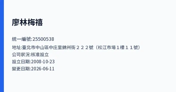廖林梅禧的照片-統編 25500538(臺北市) 公司登記資料與營業項目詳細圖表