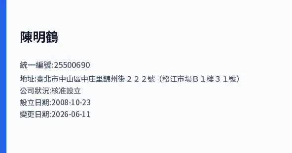陳明鶴的照片-統編 25500690(臺北市) 公司登記資料與營業項目詳細圖表
