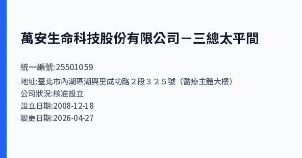萬安生命科技股份有限公司-三總太平間的照片-統編 25501059(臺北市) 公司登記資料與營業項目詳細圖表
