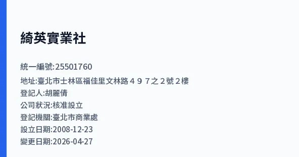 綺英實業社的照片-統編 25501760(臺北市) 公司登記資料與營業項目詳細圖表