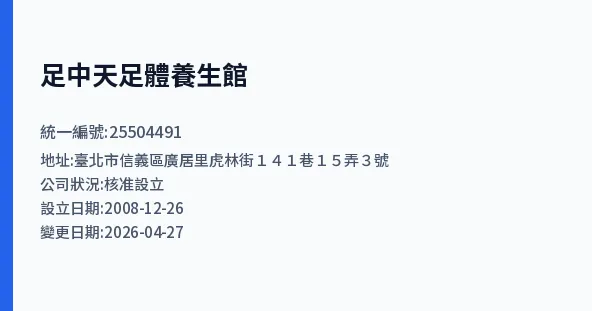 足中天足體養生館的照片-統編 25504491(臺北市) 公司登記資料與營業項目詳細圖表