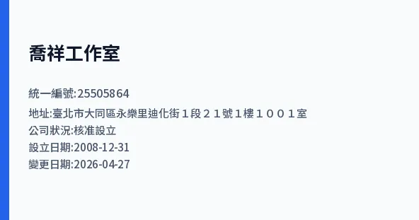 喬祥工作室的照片-統編 25505864(臺北市) 公司登記資料與營業項目詳細圖表