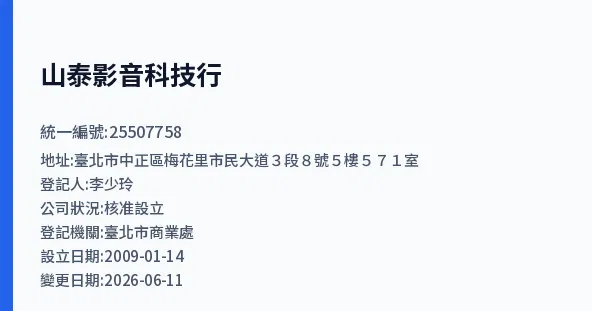 山泰影音科技行的照片-統編 25507758(臺北市) 公司登記資料與營業項目詳細圖表