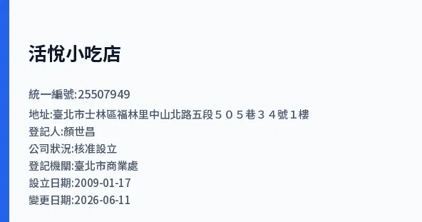 活悅小吃店的照片-統編 25507949(臺北市) 公司登記資料與營業項目詳細圖表