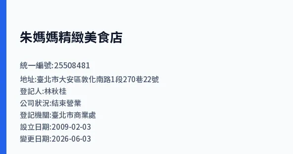 朱媽媽精緻美食店的照片-統編 25508481(臺北市) 公司登記資料與營業項目詳細圖表