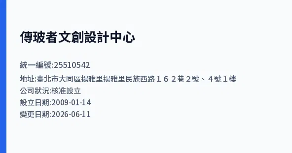 傳玻者文創設計中心的照片-統編 25510542(臺北市) 公司登記資料與營業項目詳細圖表