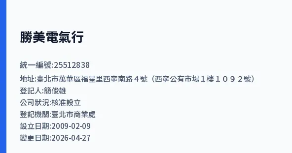 勝美電氣行的照片-統編 25512838(臺北市) 公司登記資料與營業項目詳細圖表