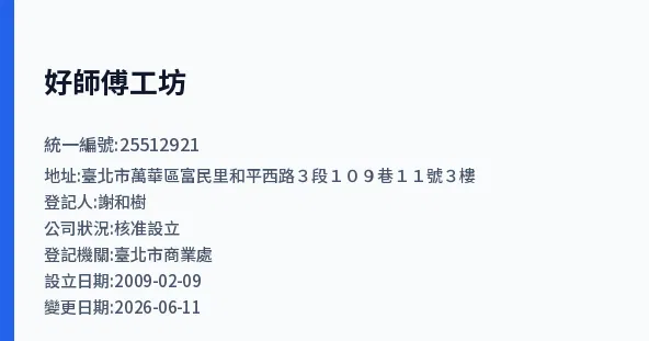 好師傅工坊的照片-統編 25512921(臺北市) 公司登記資料與營業項目詳細圖表
