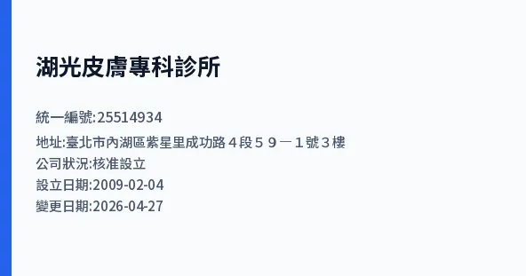湖光皮膚專科診所的照片-統編 25514934(臺北市) 公司登記資料與營業項目詳細圖表