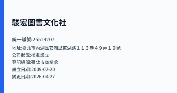 駿宏圖書文化社的照片-統編 25519207(臺北市) 公司登記資料與營業項目詳細圖表