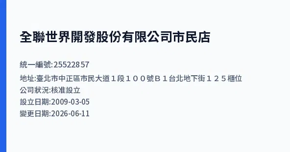 全聯世界開發股份有限公司市民店的照片-統編 25522857(臺北市) 公司登記資料與營業項目詳細圖表