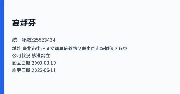 高靜芬的照片-統編 25523434(臺北市) 公司登記資料與營業項目詳細圖表