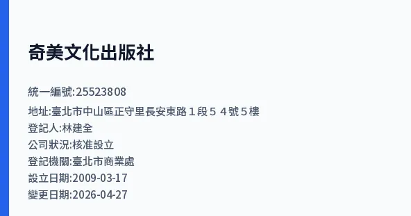 奇美文化出版社的照片-統編 25523808(臺北市) 公司登記資料與營業項目詳細圖表