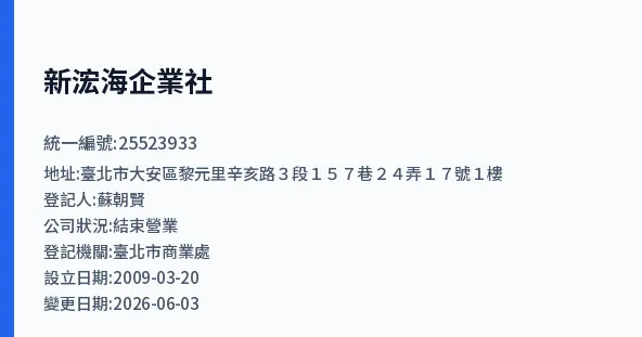 新浤海企業社的照片-統編 25523933(臺北市) 公司登記資料與營業項目詳細圖表