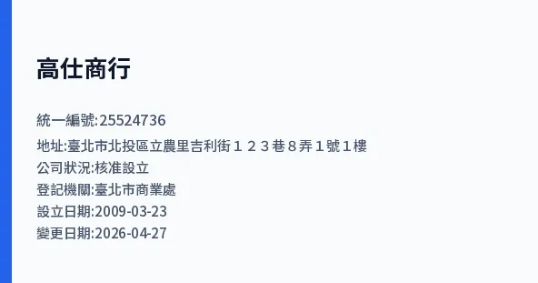 高仕商行的照片-統編 25524736(臺北市) 公司登記資料與營業項目詳細圖表