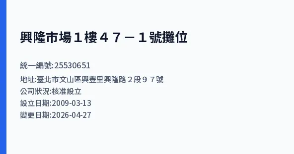 興隆市場1樓47-1號攤位的照片-統編 25530651(臺北市) 公司登記資料與營業項目詳細圖表
