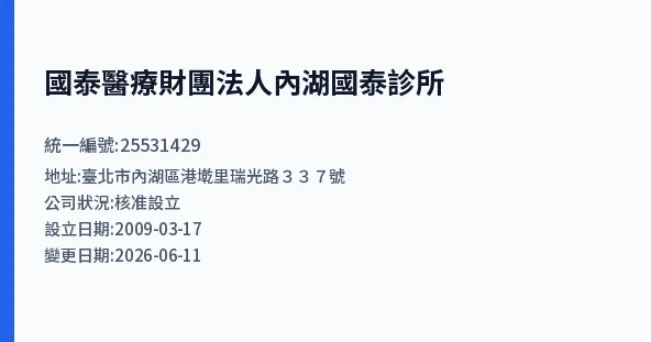 國泰醫療財團法人內湖國泰診所的照片-統編 25531429(臺北市) 公司登記資料與營業項目詳細圖表