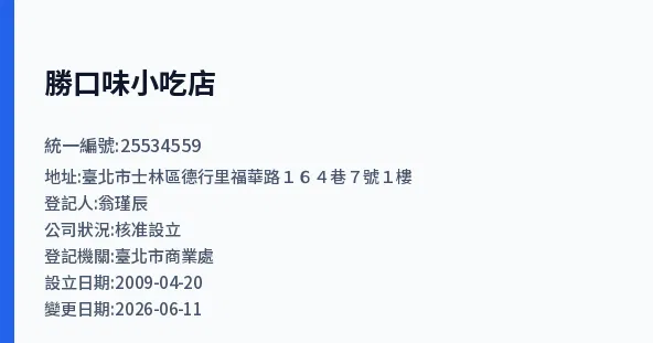 勝口味小吃店的照片-統編 25534559(臺北市) 公司登記資料與營業項目詳細圖表