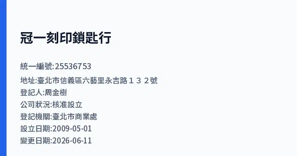 冠一刻印鎖匙行的照片-統編 25536753(臺北市) 公司登記資料與營業項目詳細圖表