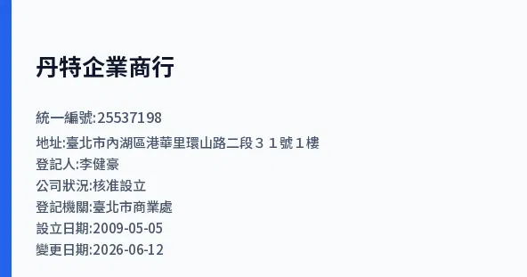 丹特企業商行的照片-統編 25537198(臺北市) 公司登記資料與營業項目詳細圖表
