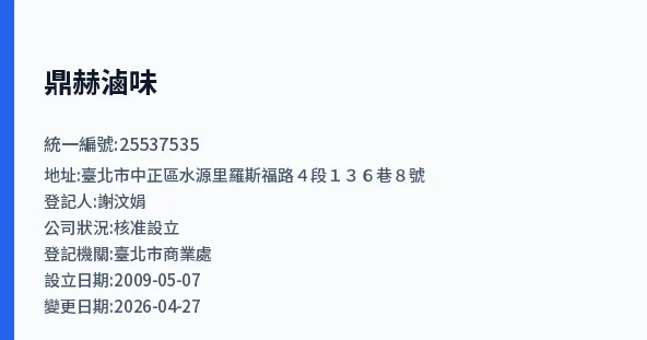 鼎赫滷味的照片-統編 25537535(臺北市) 公司登記資料與營業項目詳細圖表