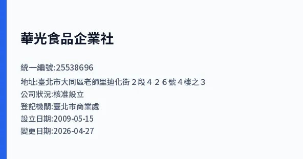 華光食品企業社的照片-統編 25538696(臺北市) 公司登記資料與營業項目詳細圖表