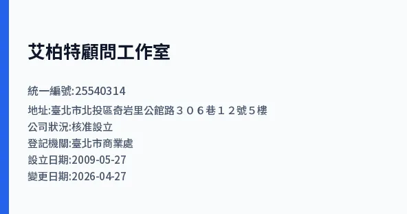 艾柏特顧問工作室的照片-統編 25540314(臺北市) 公司登記資料與營業項目詳細圖表
