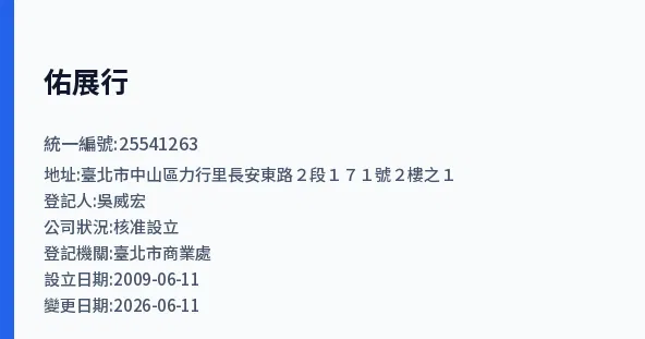 佑展行的照片-統編 25541263(臺北市) 公司登記資料與營業項目詳細圖表