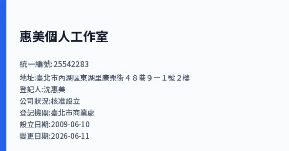 惠美個人工作室的照片-統編 25542283(臺北市) 公司登記資料與營業項目詳細圖表