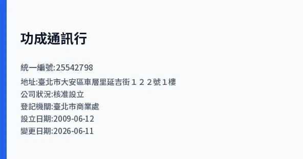 功成通訊行的照片-統編 25542798(臺北市) 公司登記資料與營業項目詳細圖表
