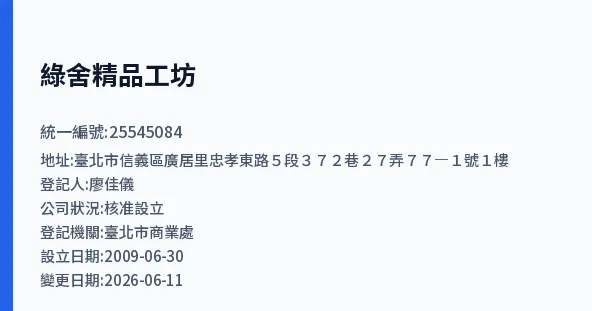 綠舍精品工坊的照片-統編 25545084(臺北市) 公司登記資料與營業項目詳細圖表