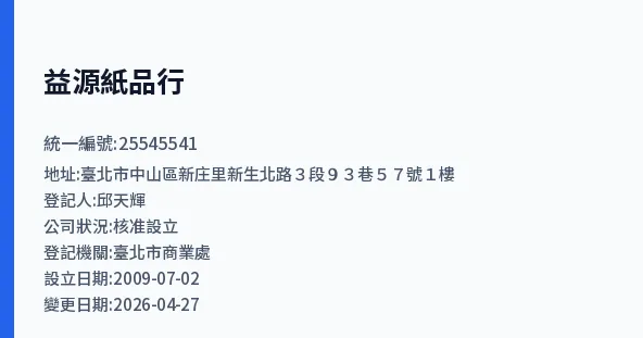 益源紙品行的照片-統編 25545541(臺北市) 公司登記資料與營業項目詳細圖表