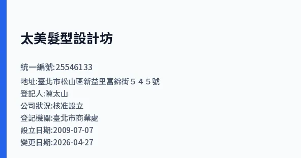 太美髮型設計坊的照片-統編 25546133(臺北市) 公司登記資料與營業項目詳細圖表