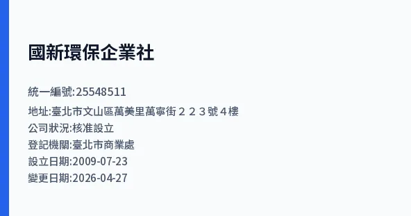 國新環保企業社的照片-統編 25548511(臺北市) 公司登記資料與營業項目詳細圖表
