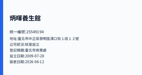 炳暉養生館的照片-統編 25549194(臺北市) 公司登記資料與營業項目詳細圖表
