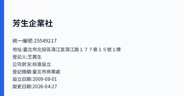 芳生企業社的照片-統編 25549217(臺北市) 公司登記資料與營業項目詳細圖表