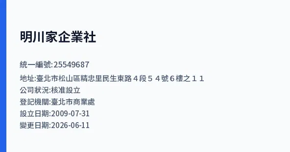 明川家企業社的照片-統編 25549687(臺北市) 公司登記資料與營業項目詳細圖表