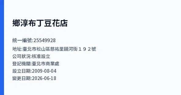 鄉淳布丁豆花店的照片-統編 25549928(臺北市) 公司登記資料與營業項目詳細圖表