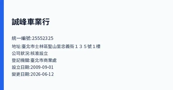 誠峰車業行的照片-統編 25552325(臺北市) 公司登記資料與營業項目詳細圖表