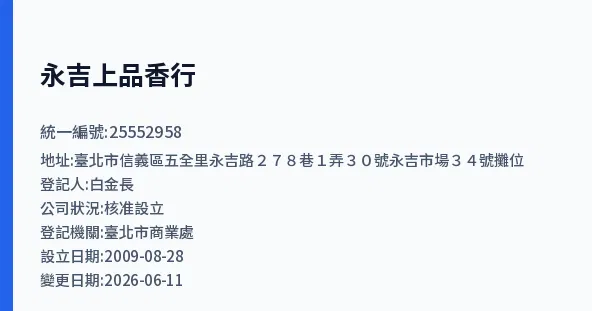 永吉上品香行的照片-統編 25552958(臺北市) 公司登記資料與營業項目詳細圖表