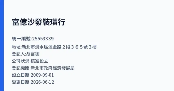 富億沙發裝璜行的照片-統編 25553339(新北市) 公司登記資料與營業項目詳細圖表