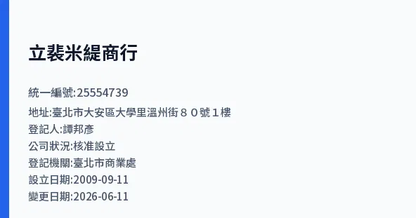 立裴米緹商行的照片-統編 25554739(臺北市) 公司登記資料與營業項目詳細圖表