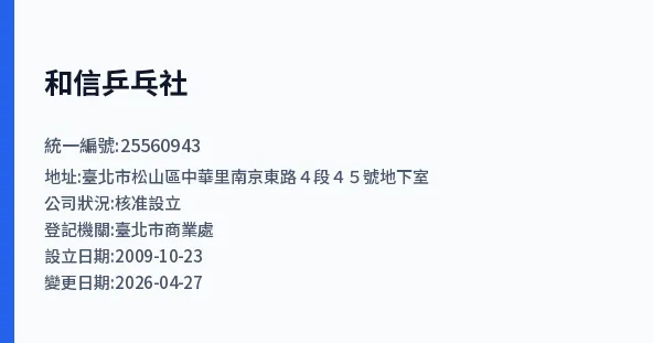 和信乒乓社的照片-統編 25560943(臺北市) 公司登記資料與營業項目詳細圖表