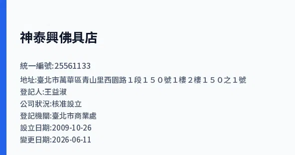 神泰興佛具店的照片-統編 25561133(臺北市) 公司登記資料與營業項目詳細圖表