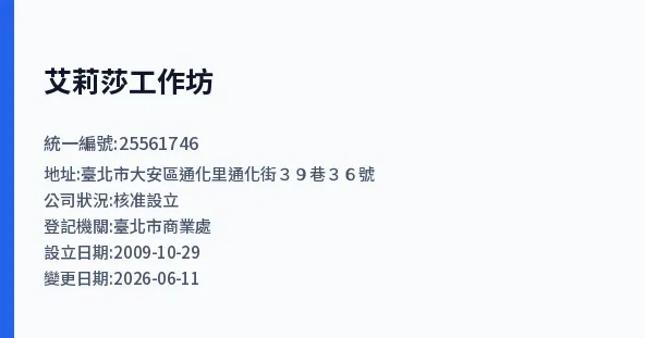 艾莉莎工作坊的照片-統編 25561746(臺北市) 公司登記資料與營業項目詳細圖表