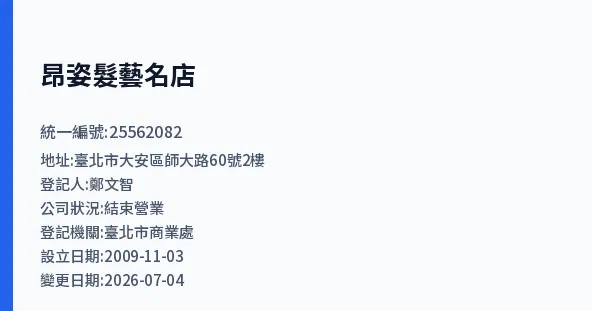 昂姿髮藝名店的照片-統編 25562082(臺北市) 公司登記資料與營業項目詳細圖表