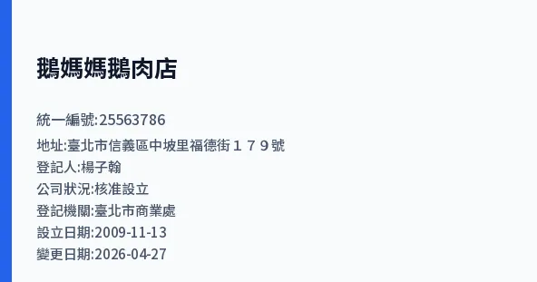 鵝媽媽鵝肉店的照片-統編 25563786(臺北市) 公司登記資料與營業項目詳細圖表