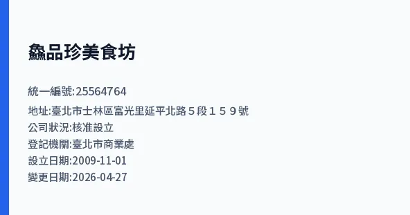 鱻品珍美食坊的照片-統編 25564764(臺北市) 公司登記資料與營業項目詳細圖表
